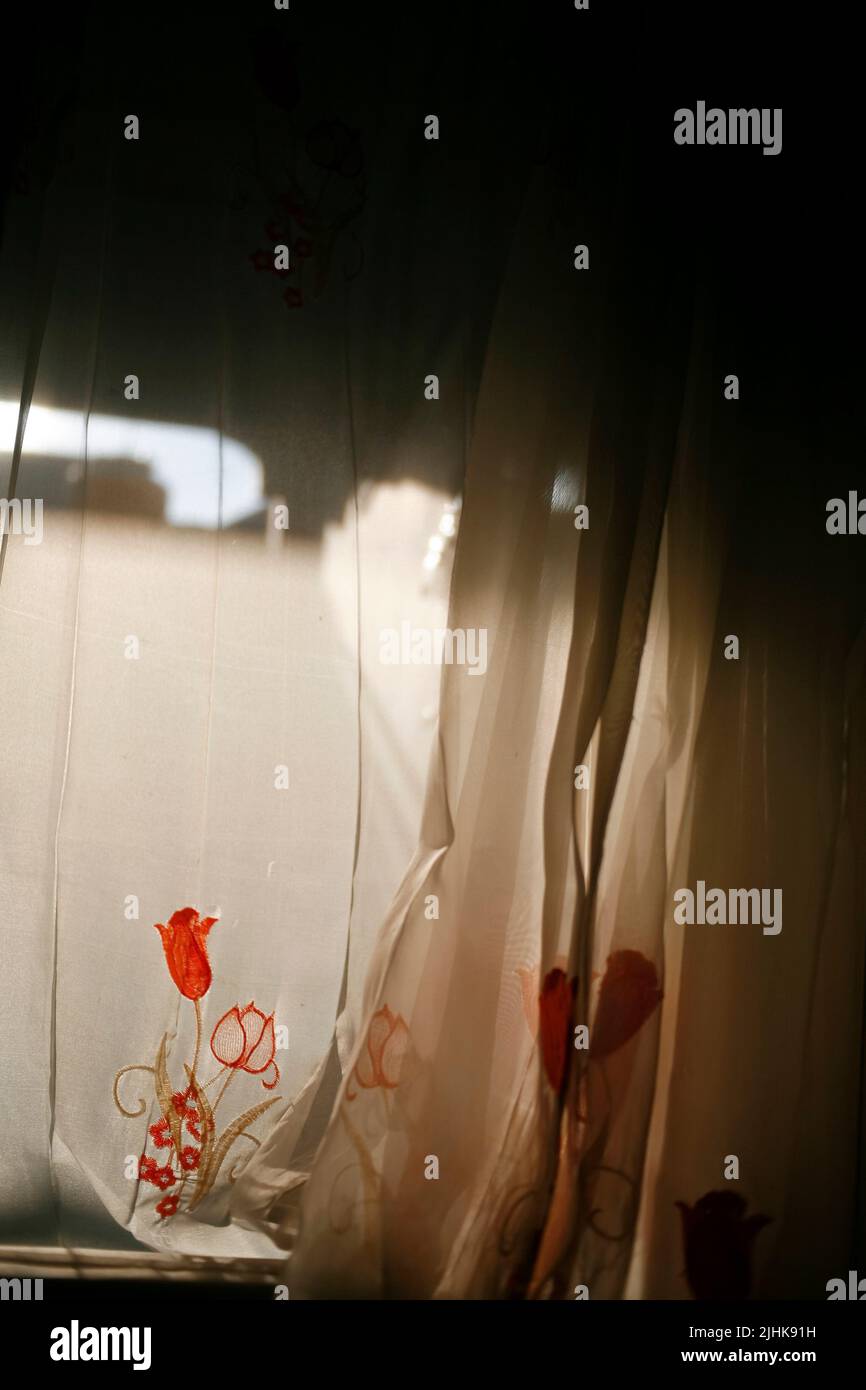 light sheer curtains made of white organza with a floral pattern on a ...