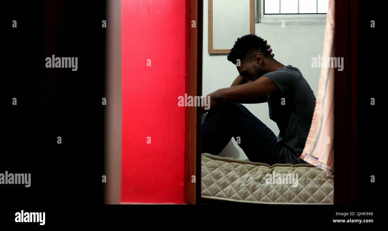 Frustrated black man feeling anxiety. Anxious Candid African person in ...