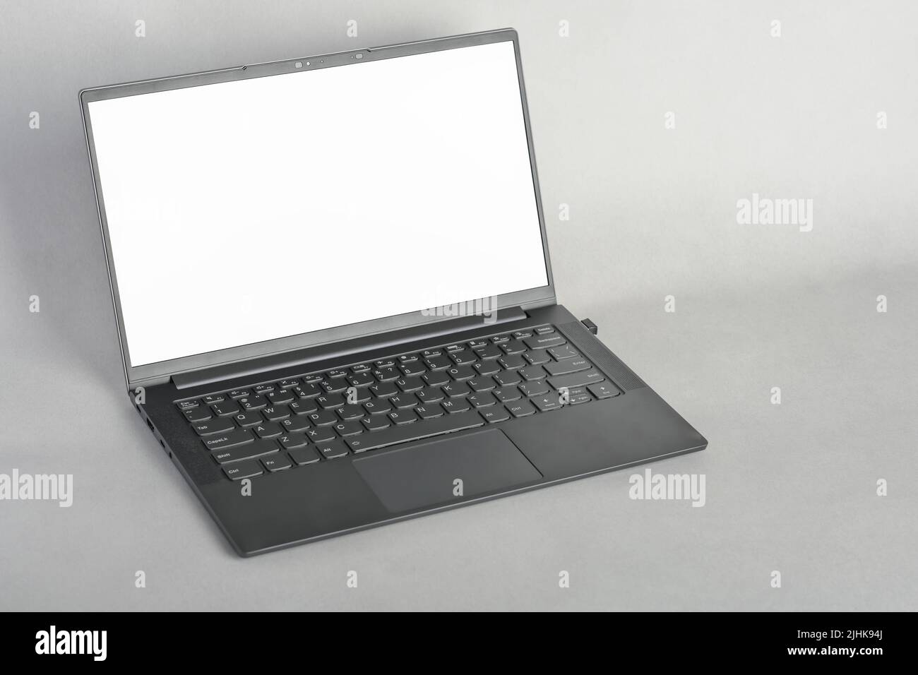 Laptop with blank screen on grey background, mockup template, copy ...
