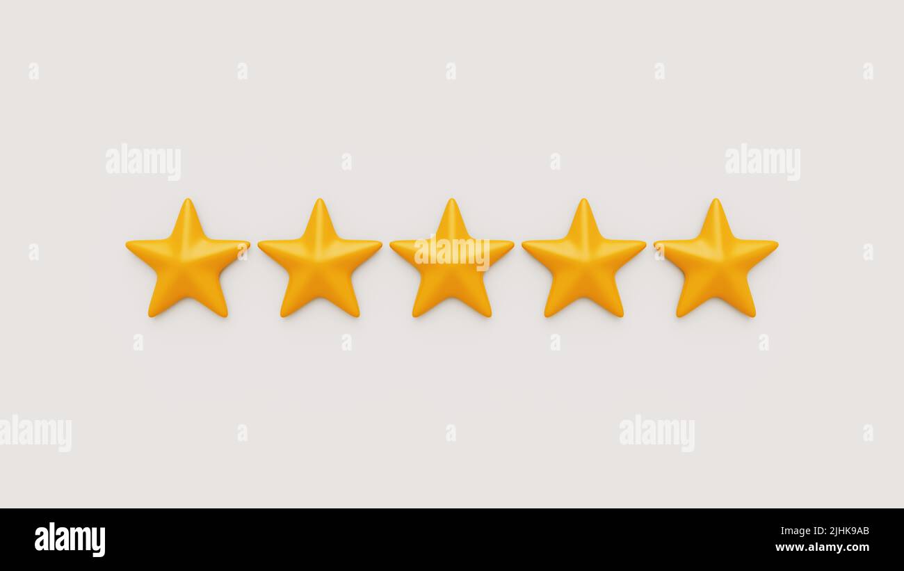 Five golden rating stars on white background. 3d render illustration ...