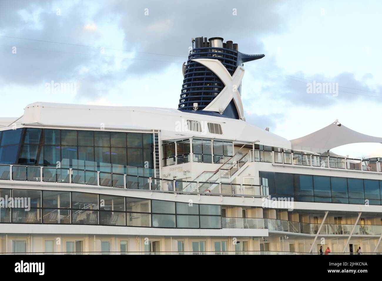 The large X on the smoke stack is the logo for Celebrity Cruise Lines ...