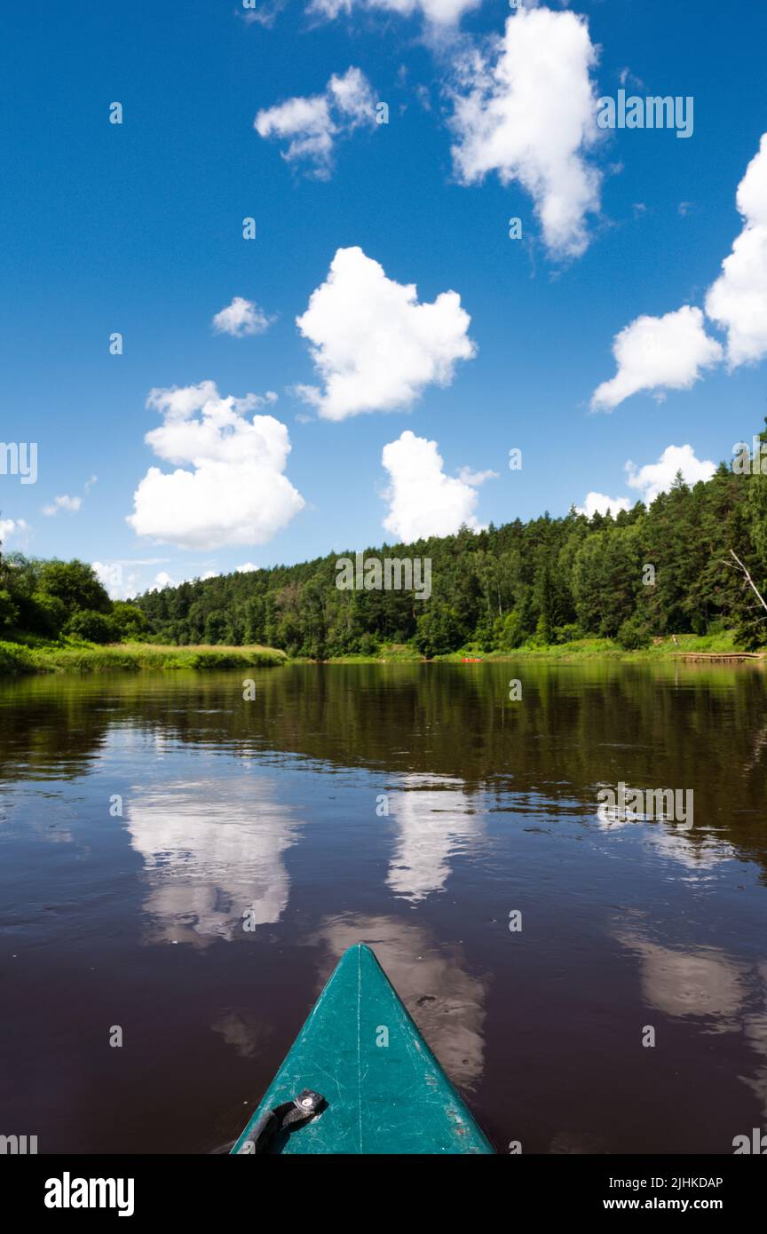 Canoe prow. River Gauja. National park Ligatne in Latvia. Canoeing at ...