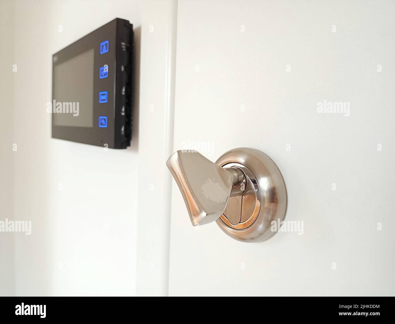 Security Key In A Lock And LCD Camera Monitoring Screen On A Wall Stock ...