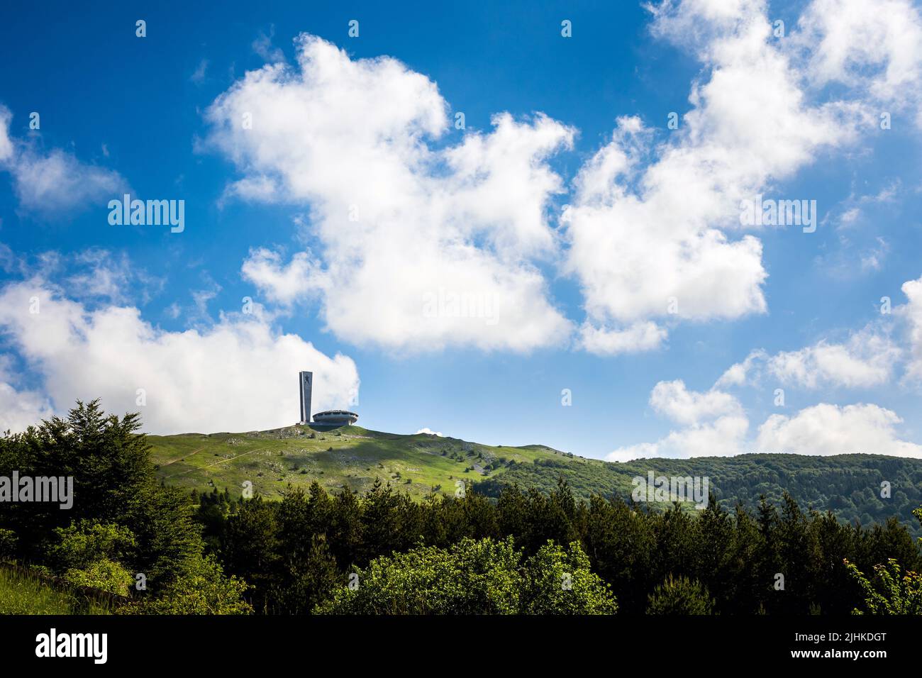 Summer in Bulgaria, Buzludzha monument landmark. Landscape with blue ...