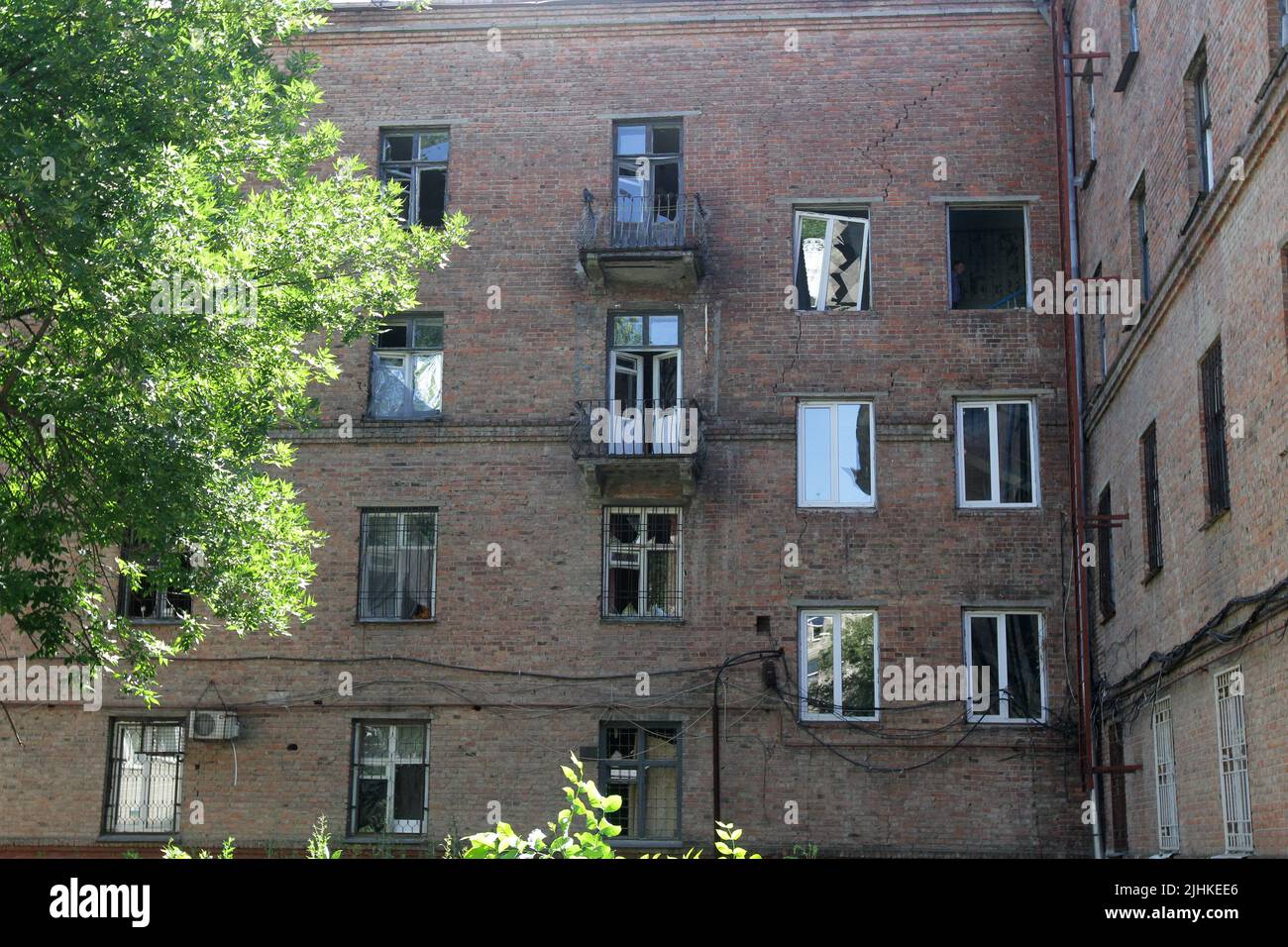 DNIPRO, UKRAINE - JULY 18, 2022 - A building shows damage caused by the ...
