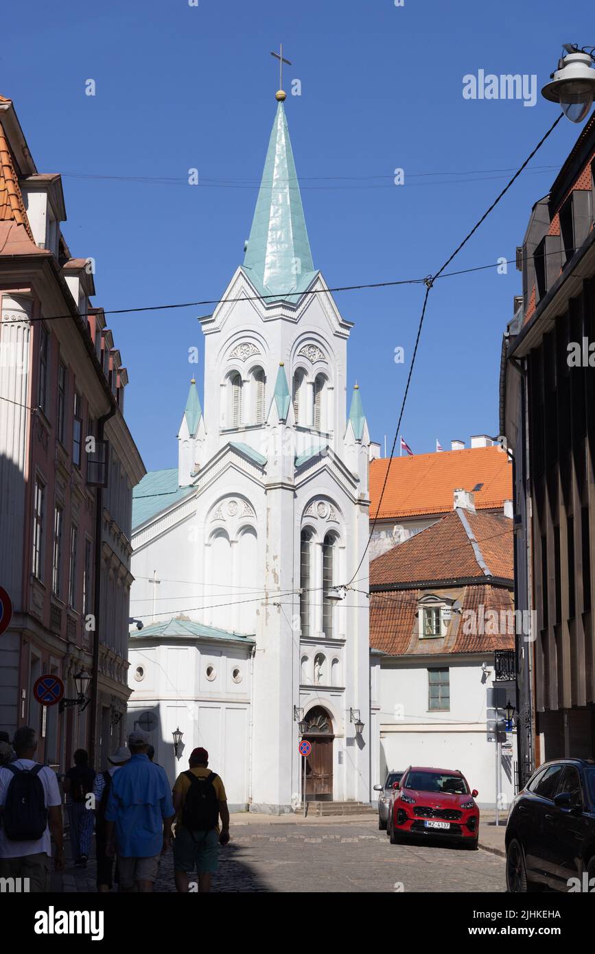 Riga church - Our Lady of Sorrows catholic church with it's white tower ...