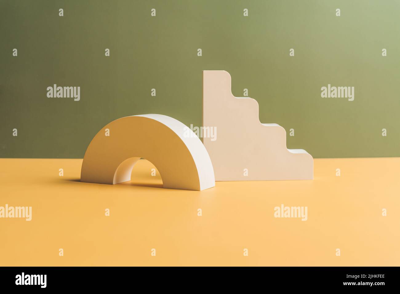 Set of gypsum and clay geometrical shapes on double pastel background ...