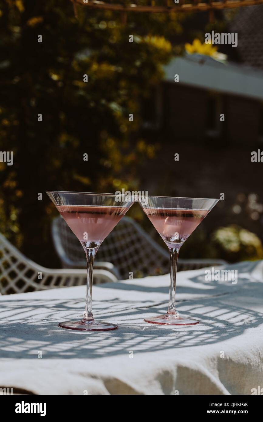 Two glasses with cold pink rose on a garden table in the summer sun ...