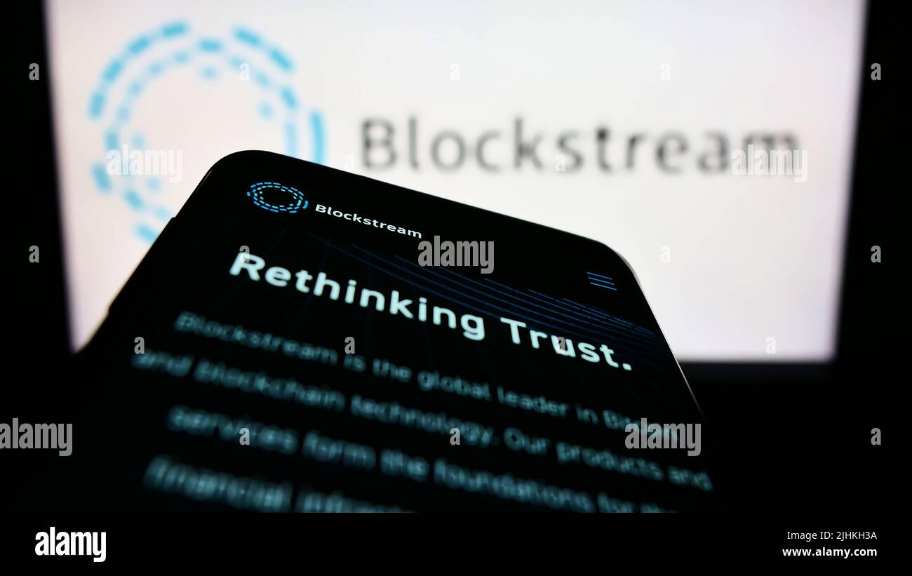 Mobile phone with website of blockchain company Blockstream Corporation ...
