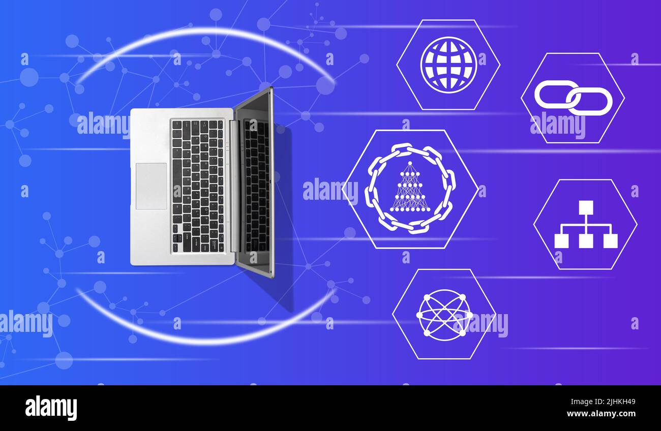 Top view of laptop with symbol of blockchain concept Stock Photo - Alamy