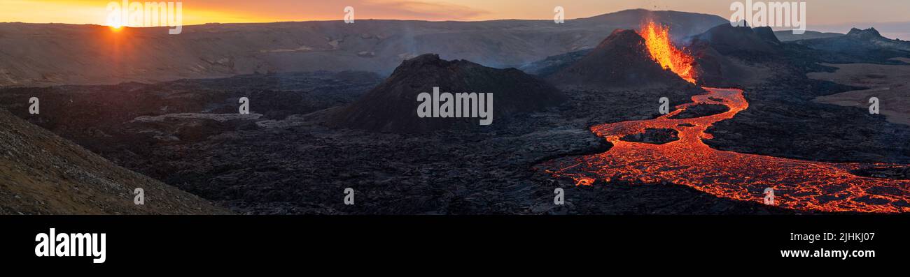 Panorama image of sunset at the volcanic eruption in Iceland in 2021 ...