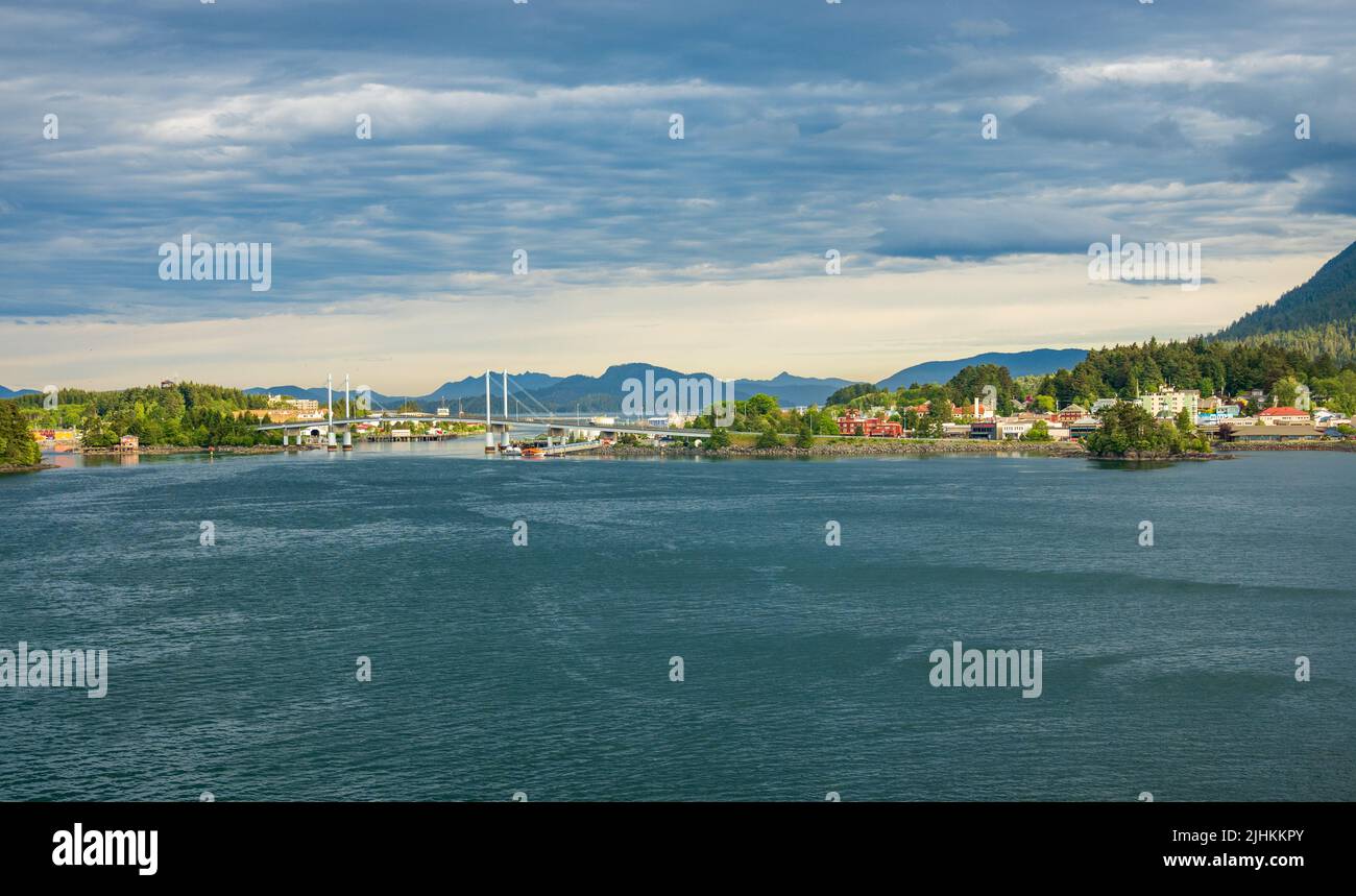 Panorama of the old town of Sitka in Alaska as the sun illuminates the ...