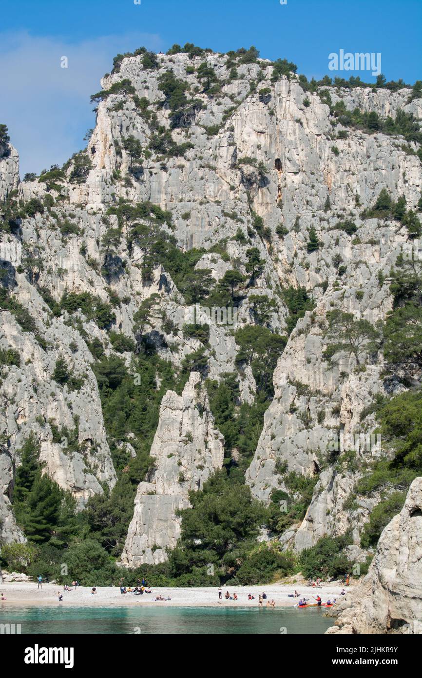 View on Calanque d'En-vau with white sandy beach near Cassis, boat ...