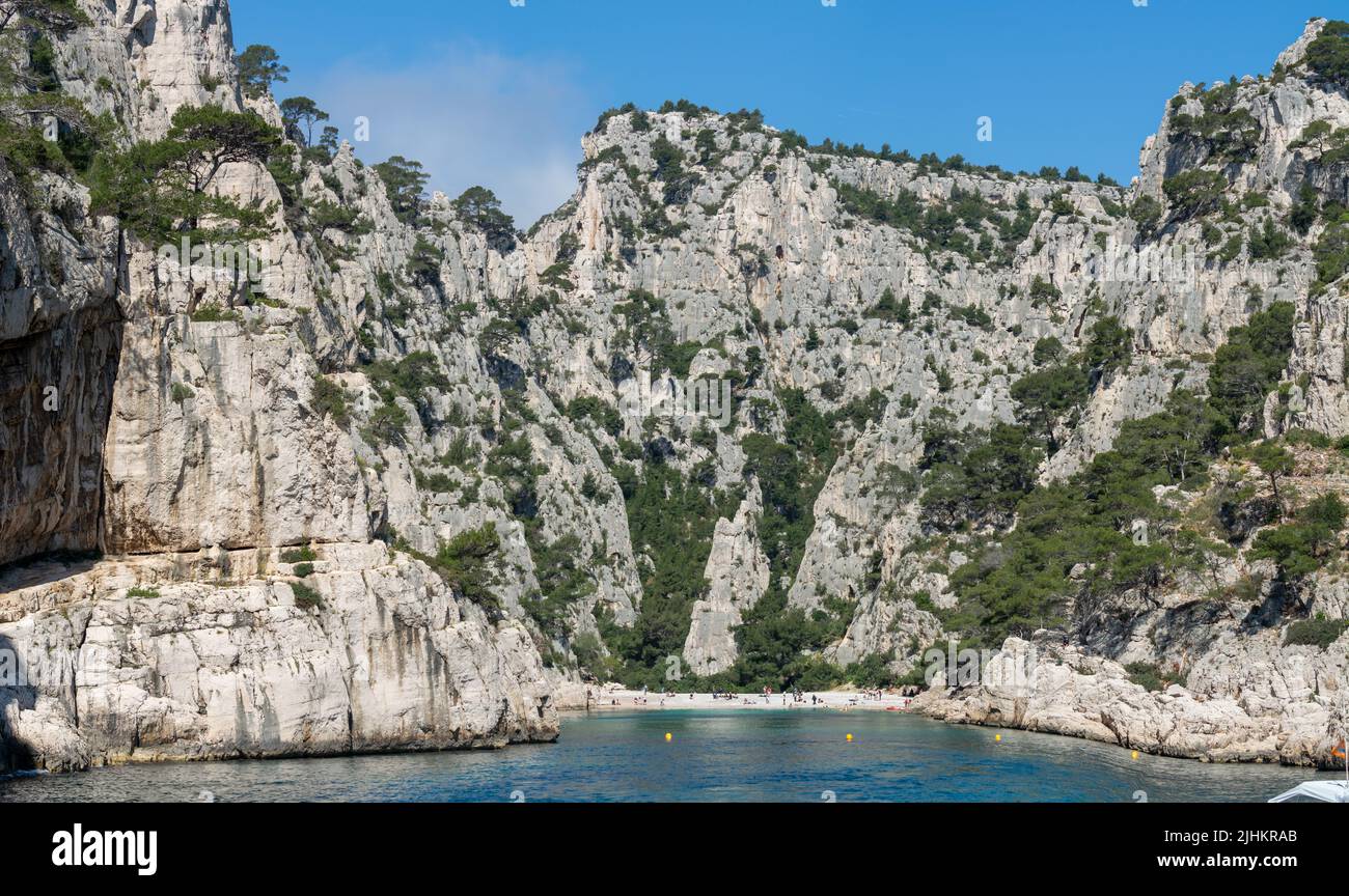 View on Calanque d'En-vau with white sandy beach near Cassis, boat ...