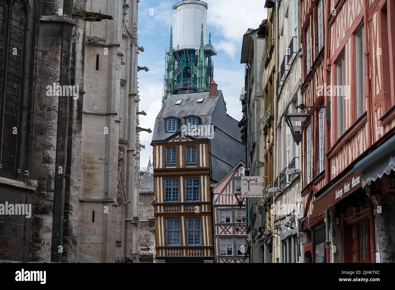 Walking in old centrum part of Rouen city, streetview, tourists ...