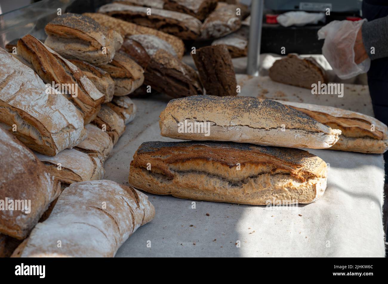 Sour dough bio bread made with natural yeast starter and baked in wood ...