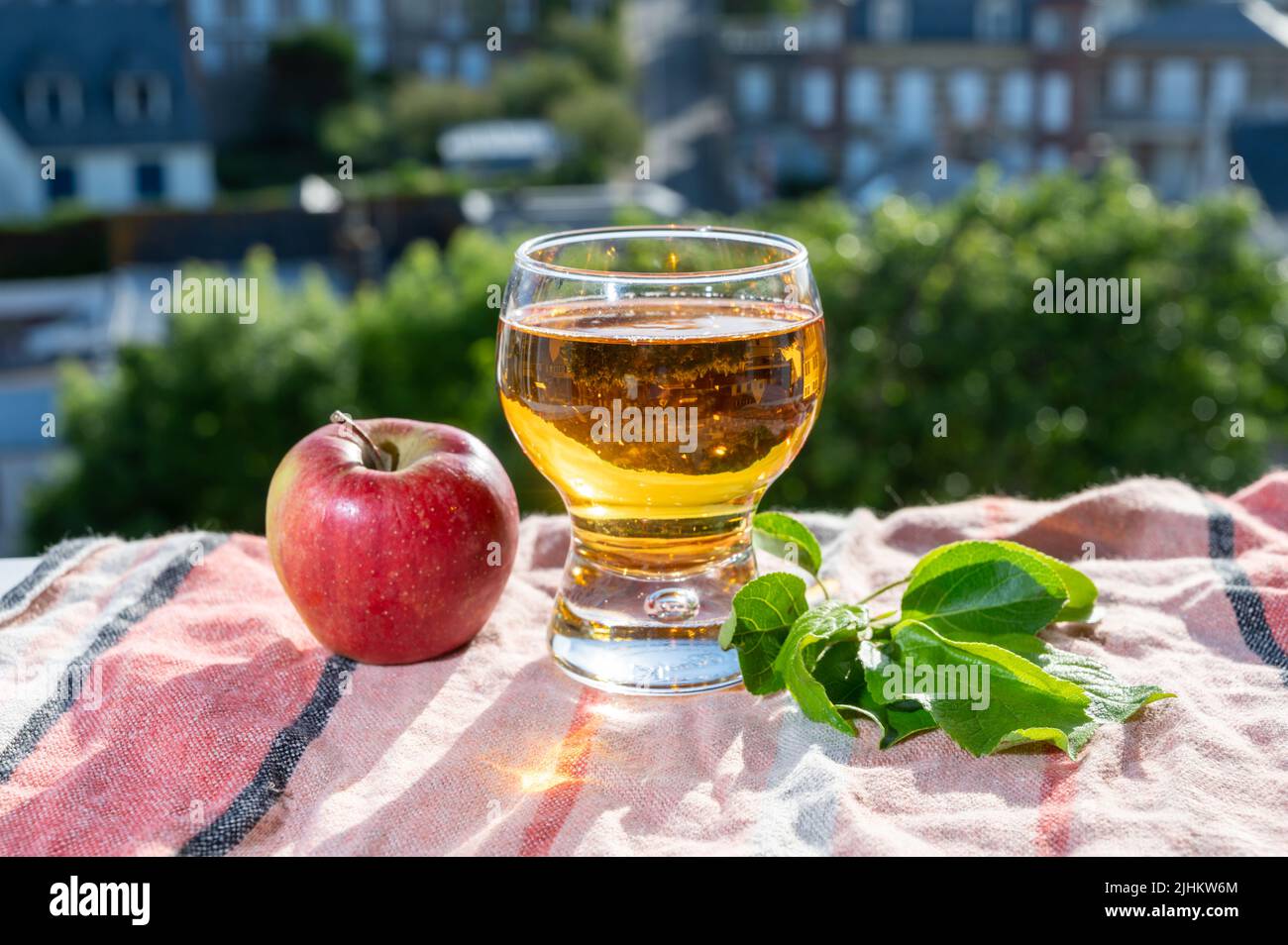 One glass of apple cider drink in sunlights and houses of Etretat ...