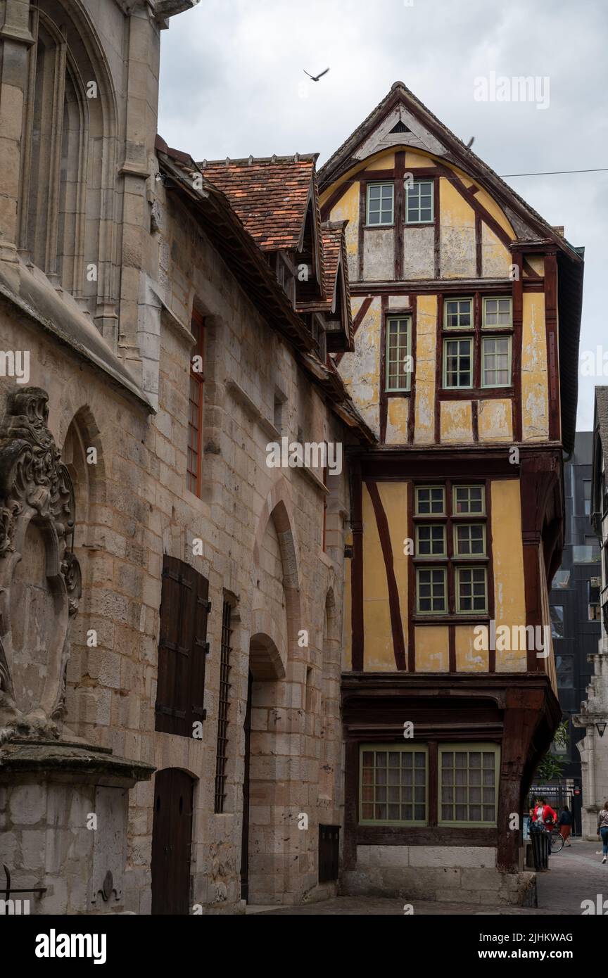 Walking in old centrum part of Rouen city, streetview, tourists ...