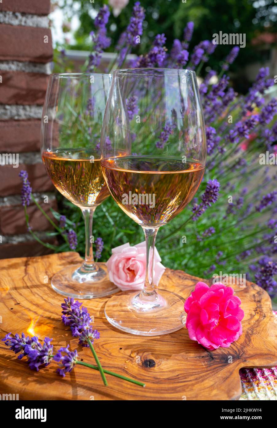 French rose wine from Provence, two glasses of wine with purple ...