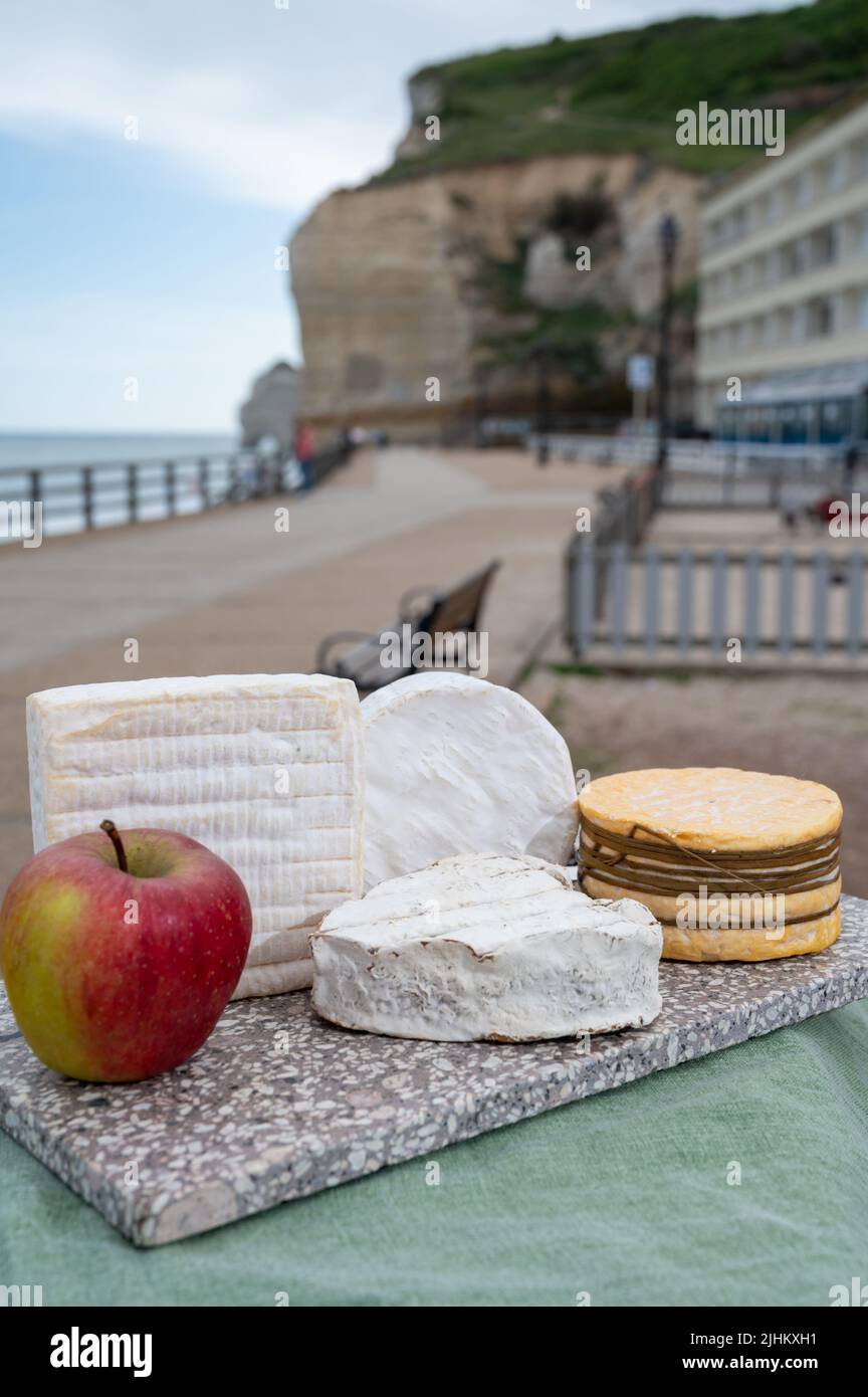 Four famous cheeses of Normandy, squared pont l'eveque, round camembert ...
