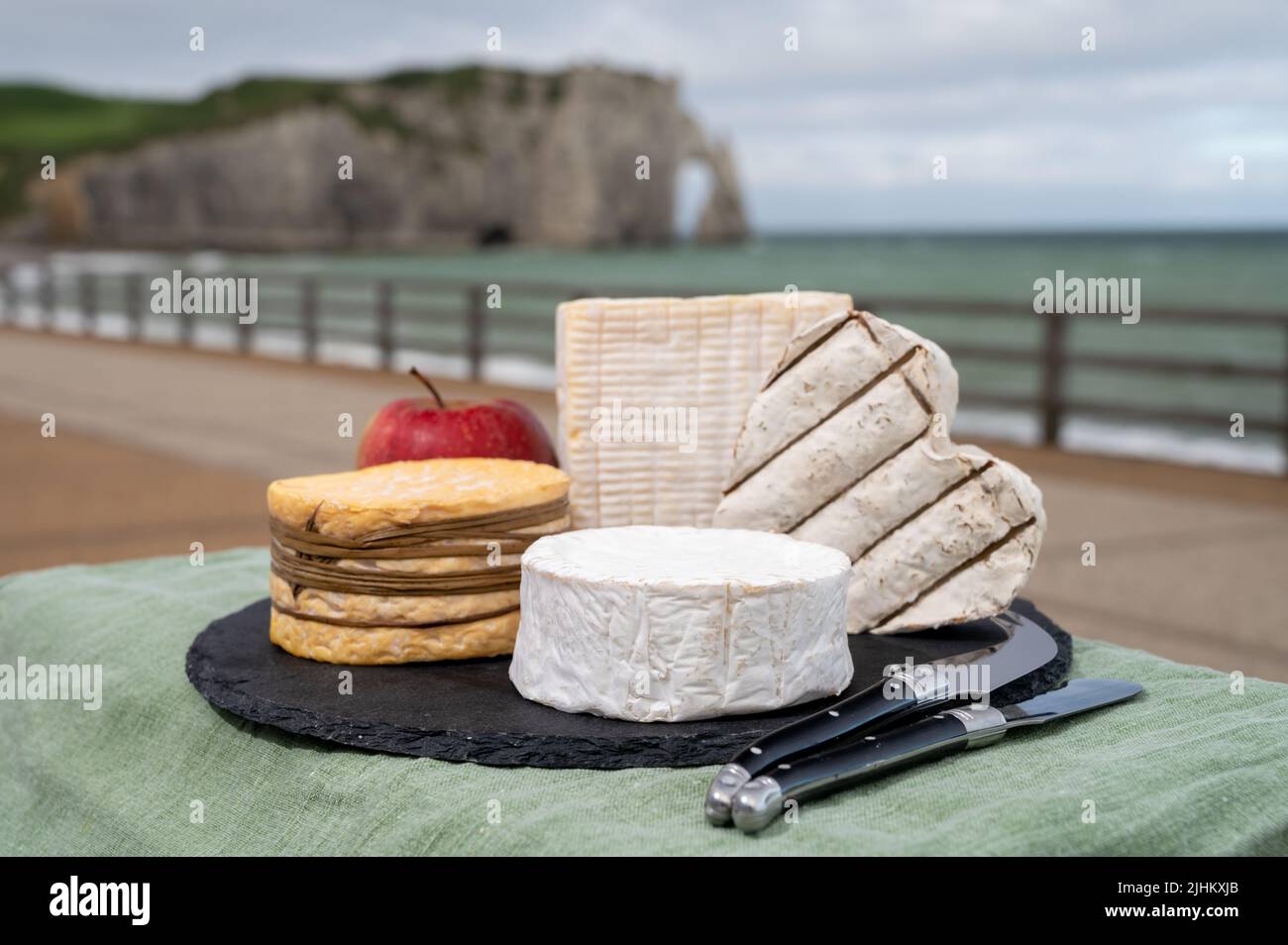 Four famous cheeses of Normandy, squared pont l'eveque, round camembert ...