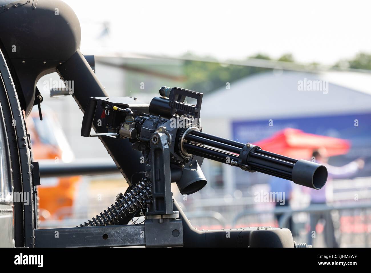 Helicopter Machine gun on display at Farnborough International Airshow ...