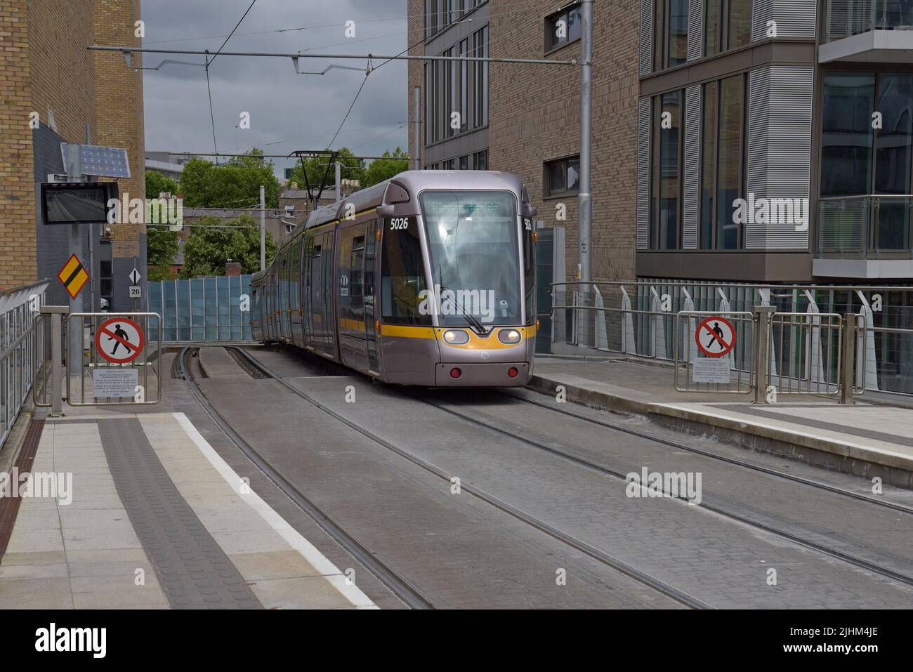 A LUAS tram approaching the Charlemont tram stop, Dublin, Ireland, July ...