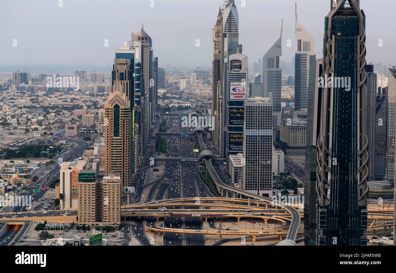 Aerial view of Dubai Sheikh Zayed Road skyline, United Arab Emirates ...