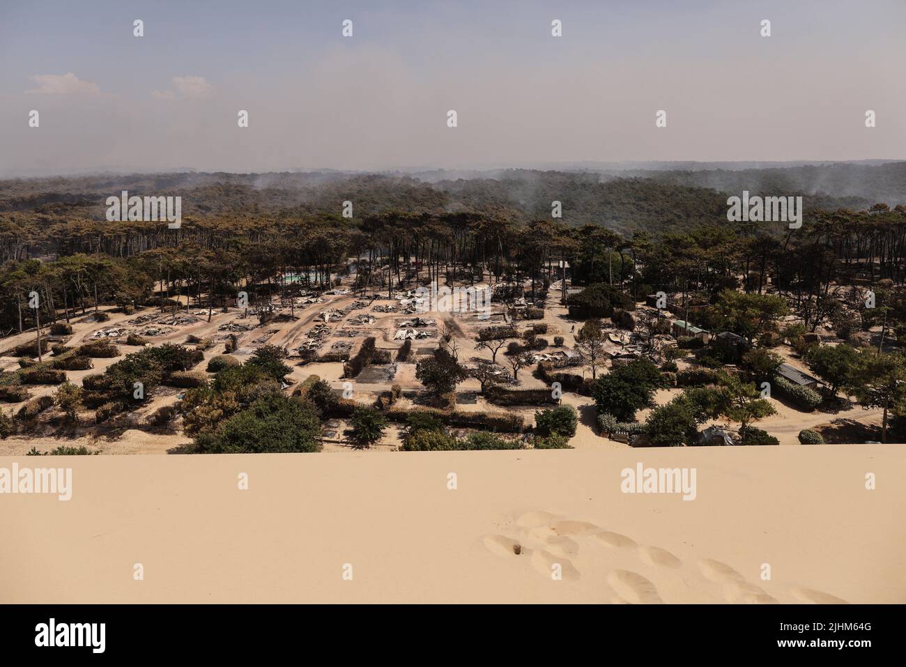 The Flots Bleus campsite destroyed by flames, located near The Dune du ...