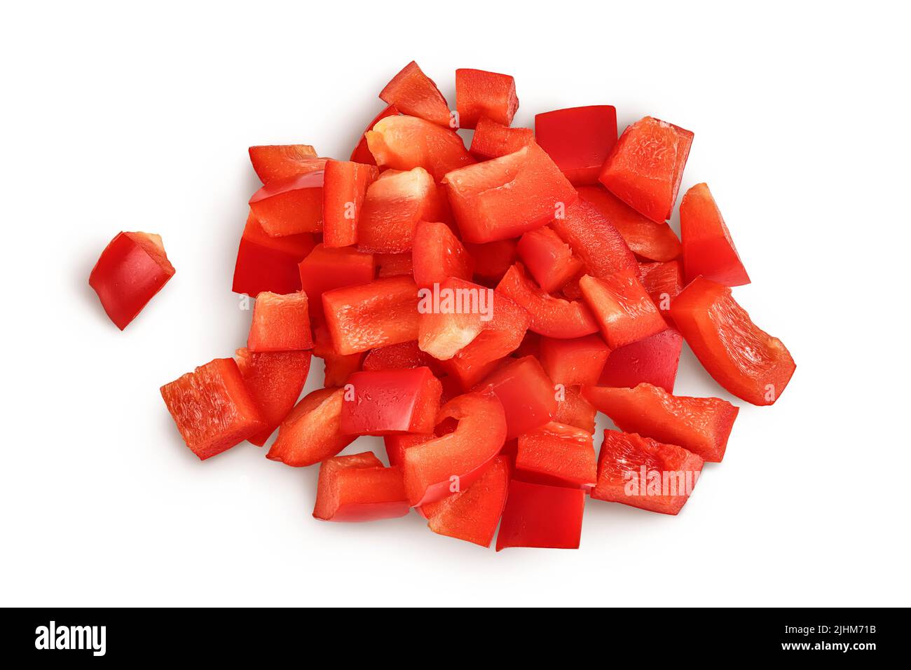 diced of red sweet bell pepper isolated on white background. Top view ...