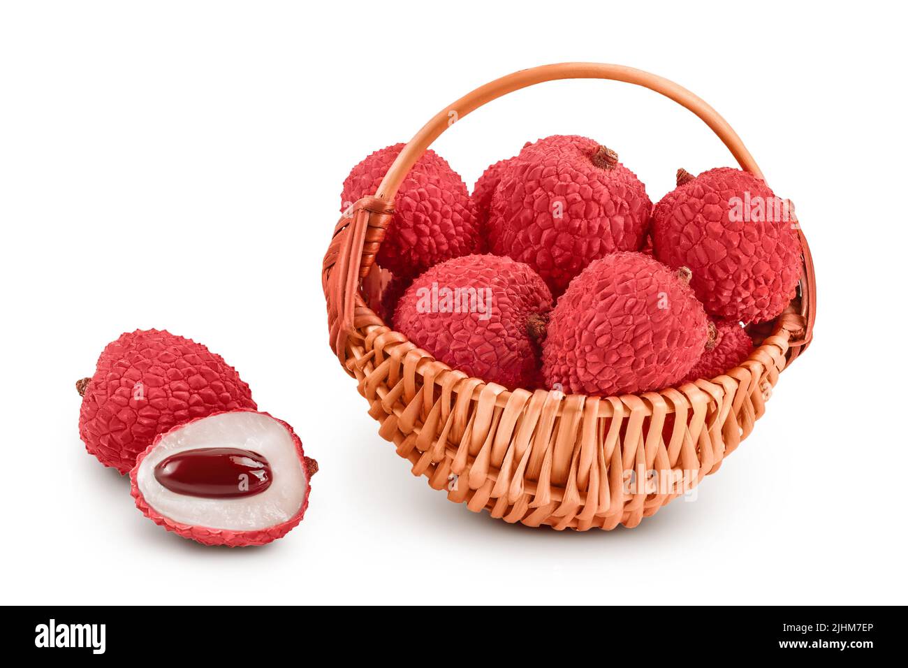 lychee fruit in wicker basket isolated on white background with full ...
