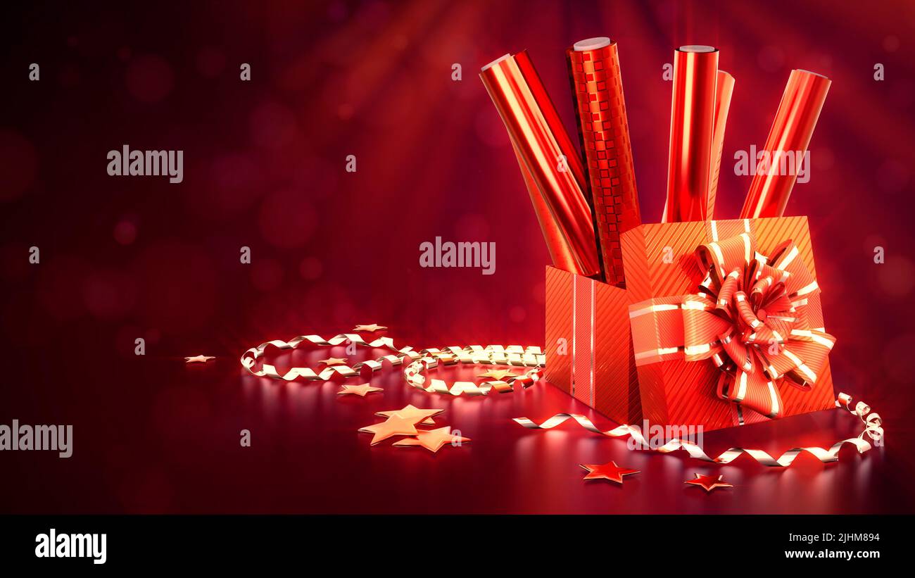red present wrapping paper and surprise gift box on colorful background ...