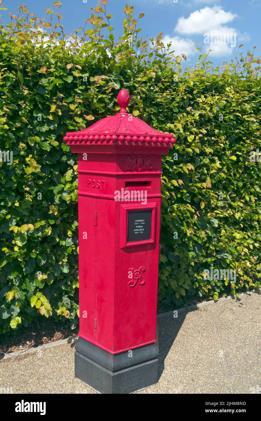 Victorian red pillar box post box at St Fagans Museum, Cardiff. Summer ...