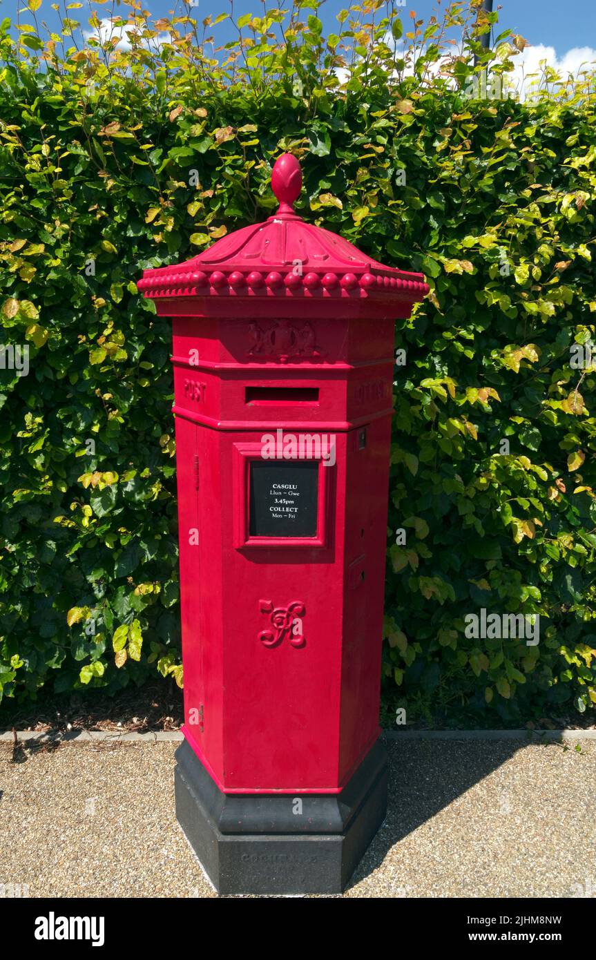Victorian red pillar box post box at St Fagans Museum, Cardiff. Summer ...