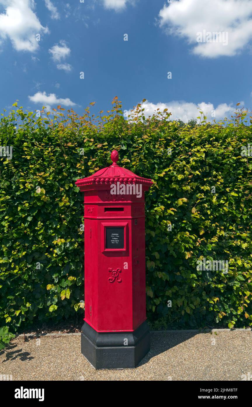 Victorian red pillar box post box at St Fagans Museum, Cardiff. Summer ...