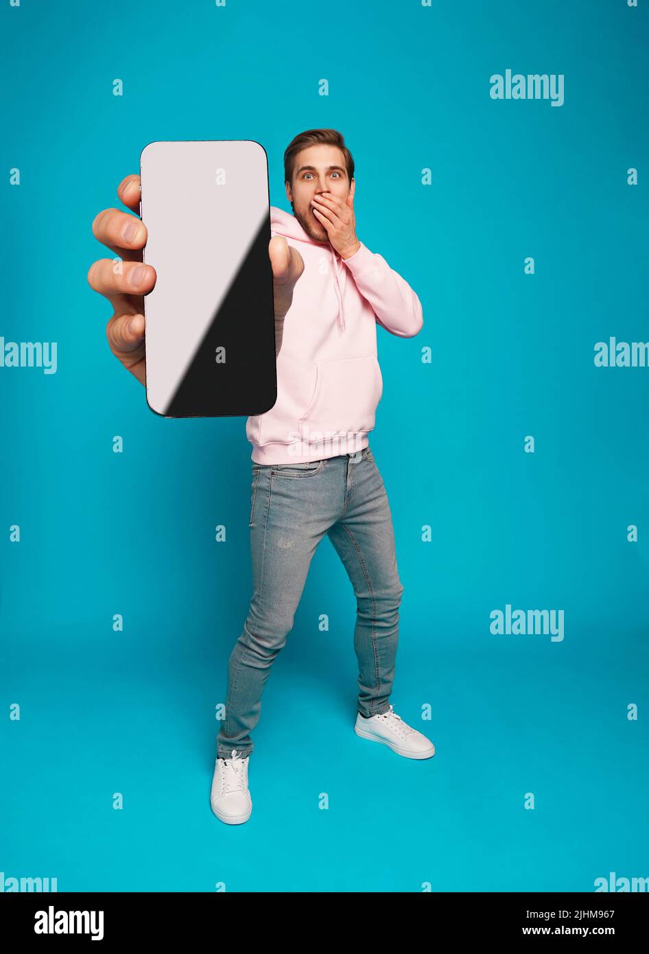 Mobile App Advertisement. Handsome Excited Man Showing Pointing At ...