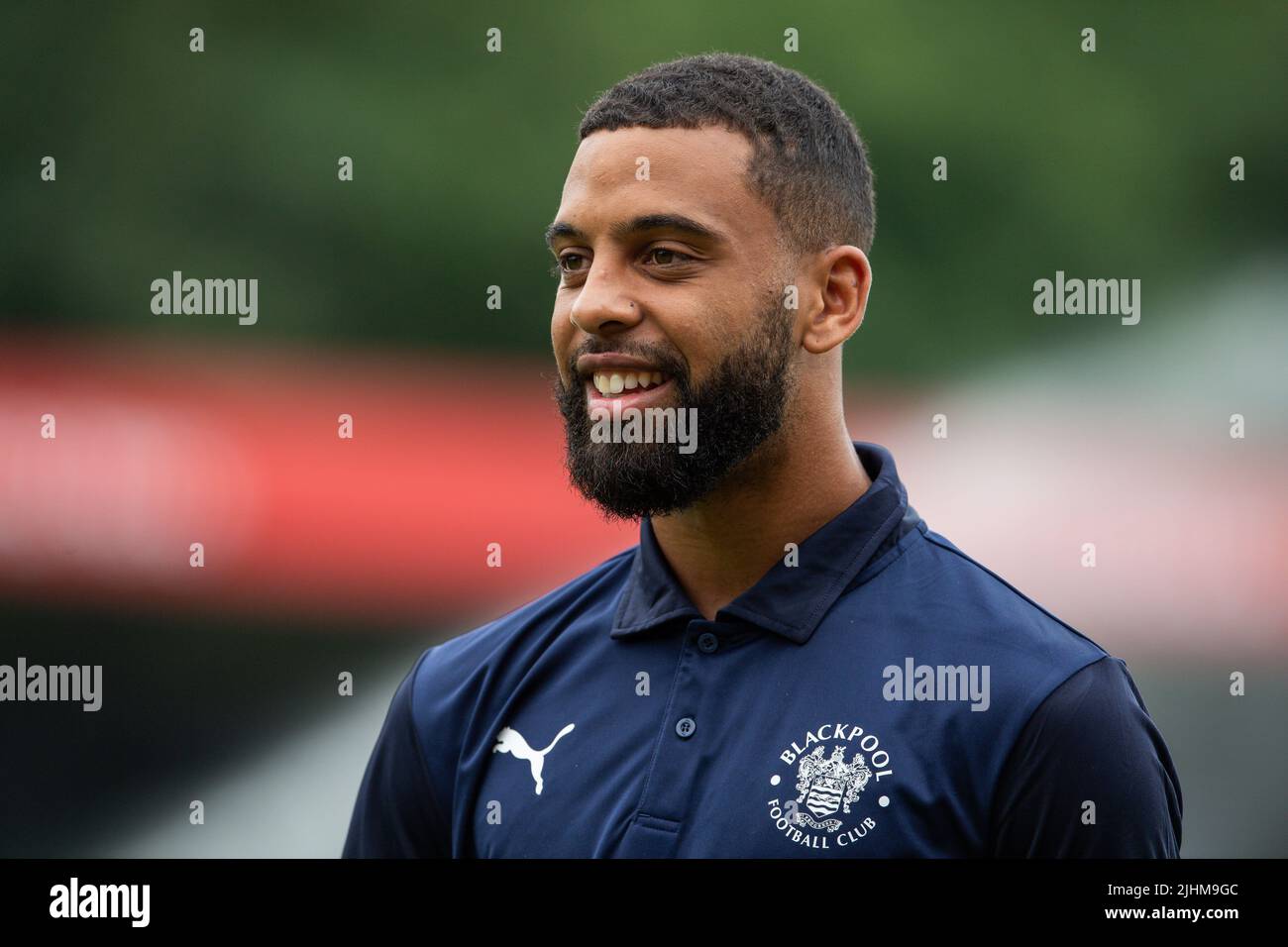 CJ Hamilton #22 of Blackpool arrives at The Peninsula Stadium, Home of ...