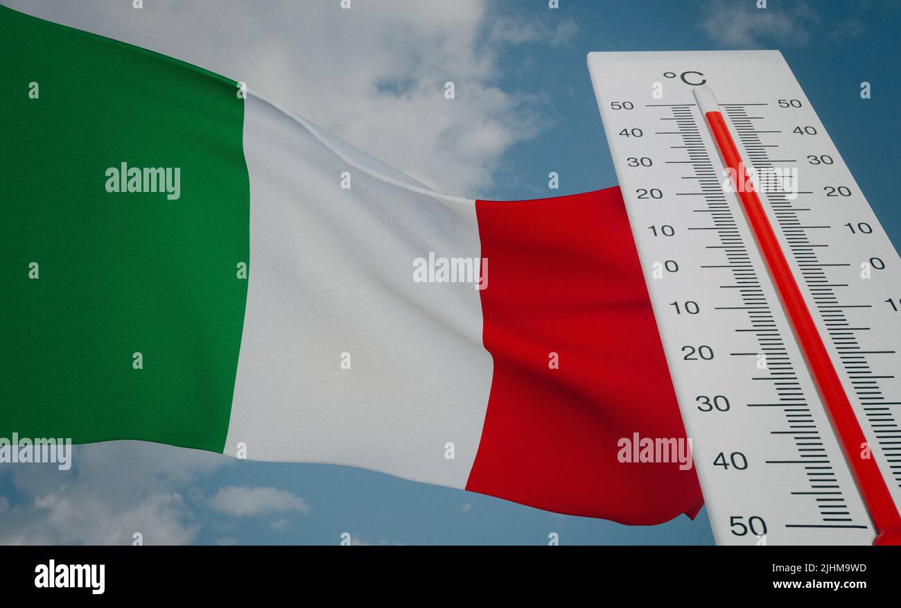 Heat wave in Italy, Thermometer in front of flag Italy and sky ...