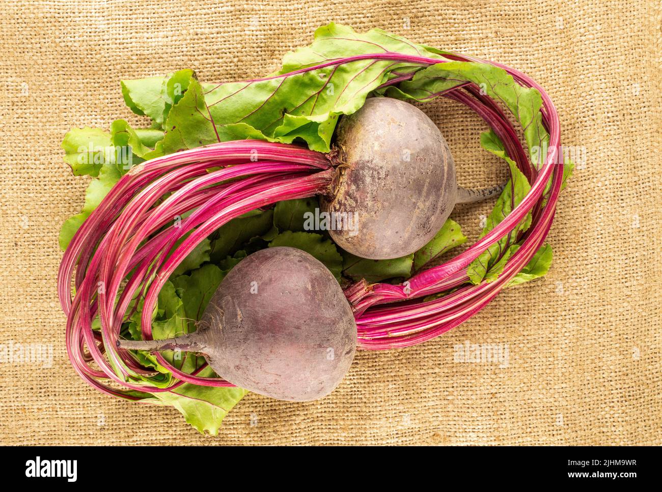 Two sweet red beetroots on jute fabric, close-up, top view Stock Photo ...