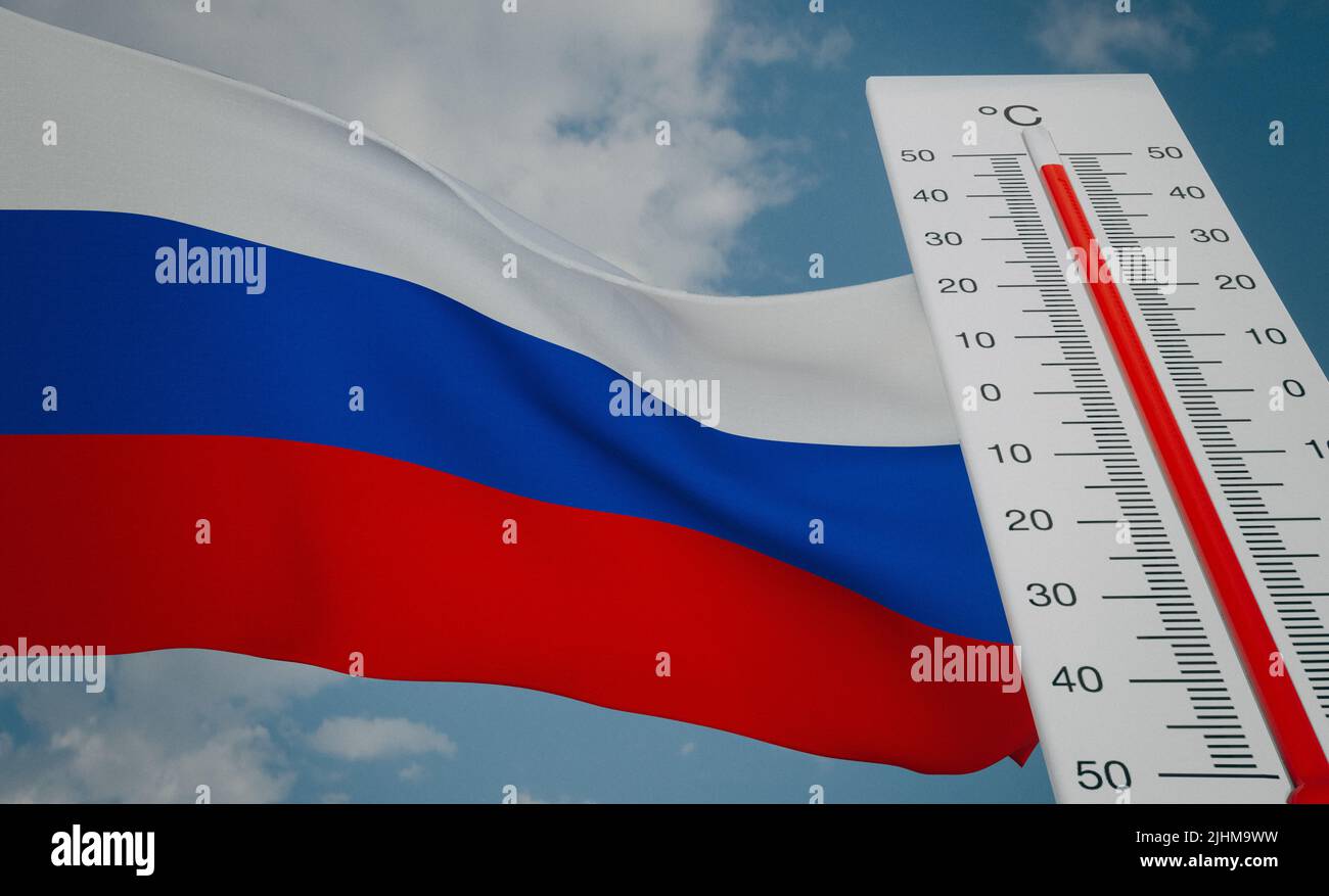 Heat wave in Russia, Thermometer in front of flag Russia and sky ...