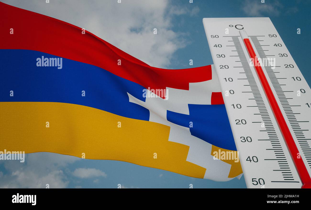 Heat wave in Artsakh, Thermometer in front of flag Artsakh and sky ...