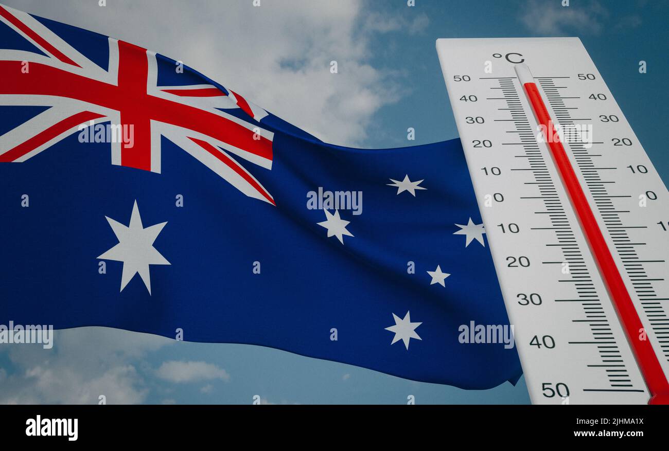 Heat wave in Australia, Thermometer in front of flag Australia and sky ...