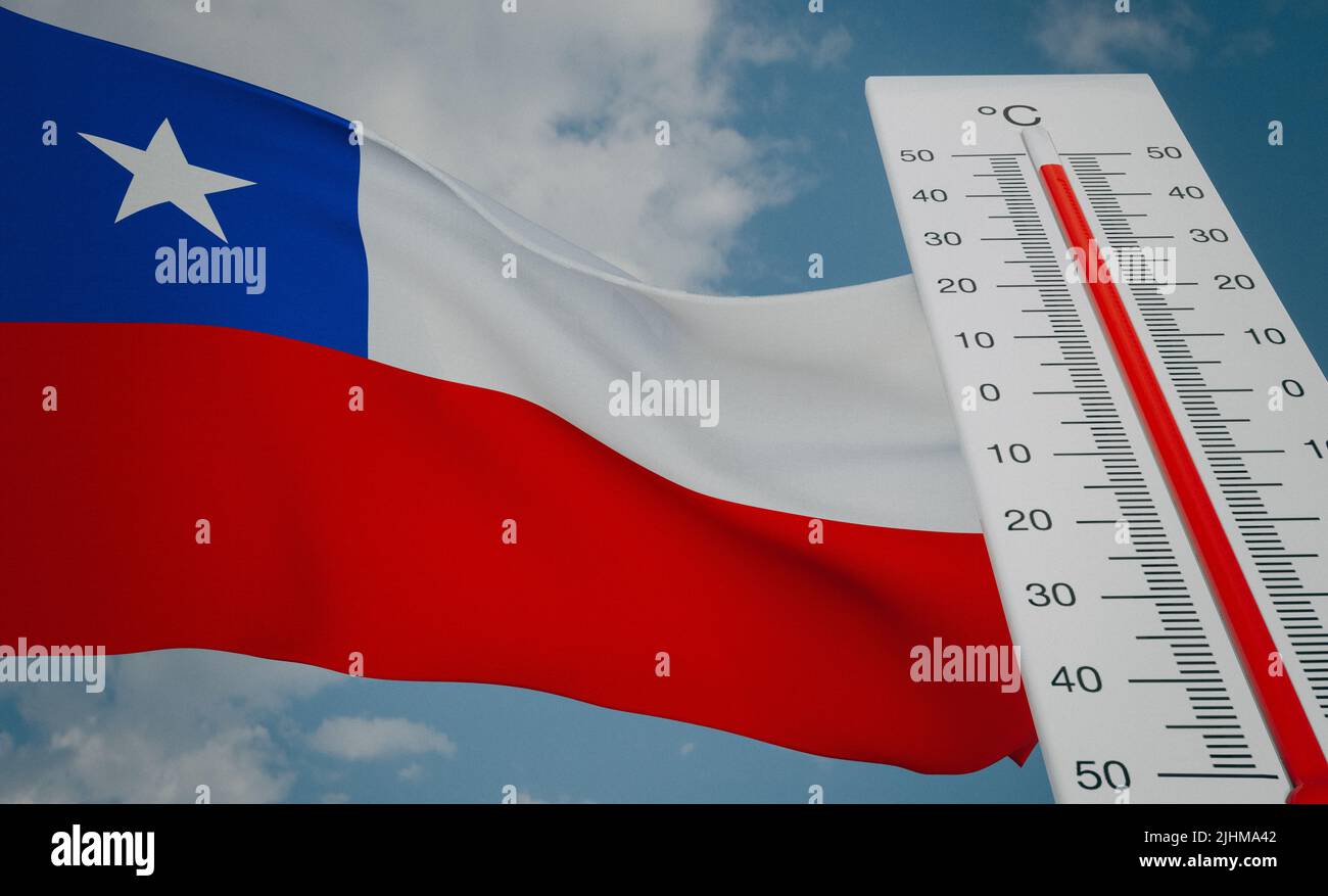 Heat wave in Chile, Thermometer in front of flag Chile and sky ...