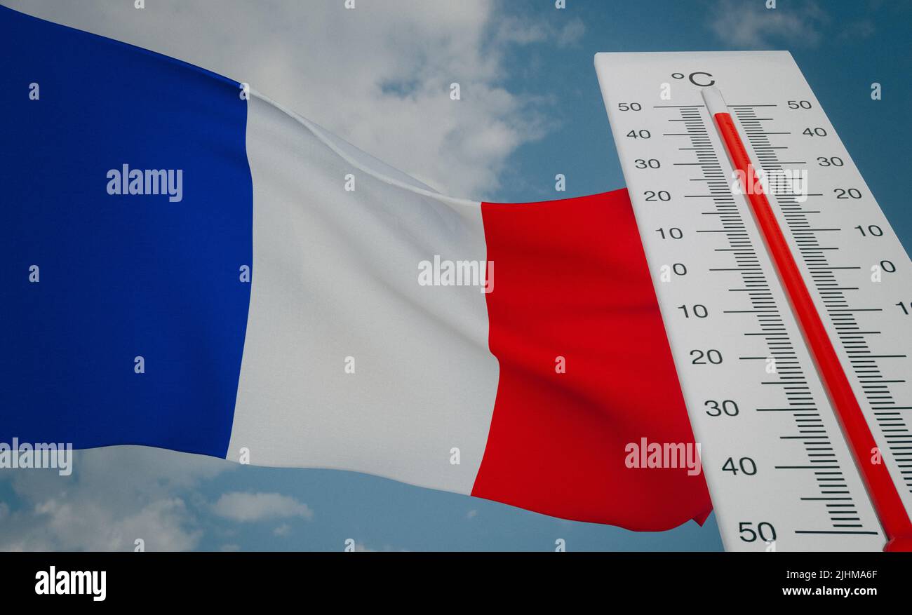 Heat wave in France, Thermometer in front of flag France and sky ...