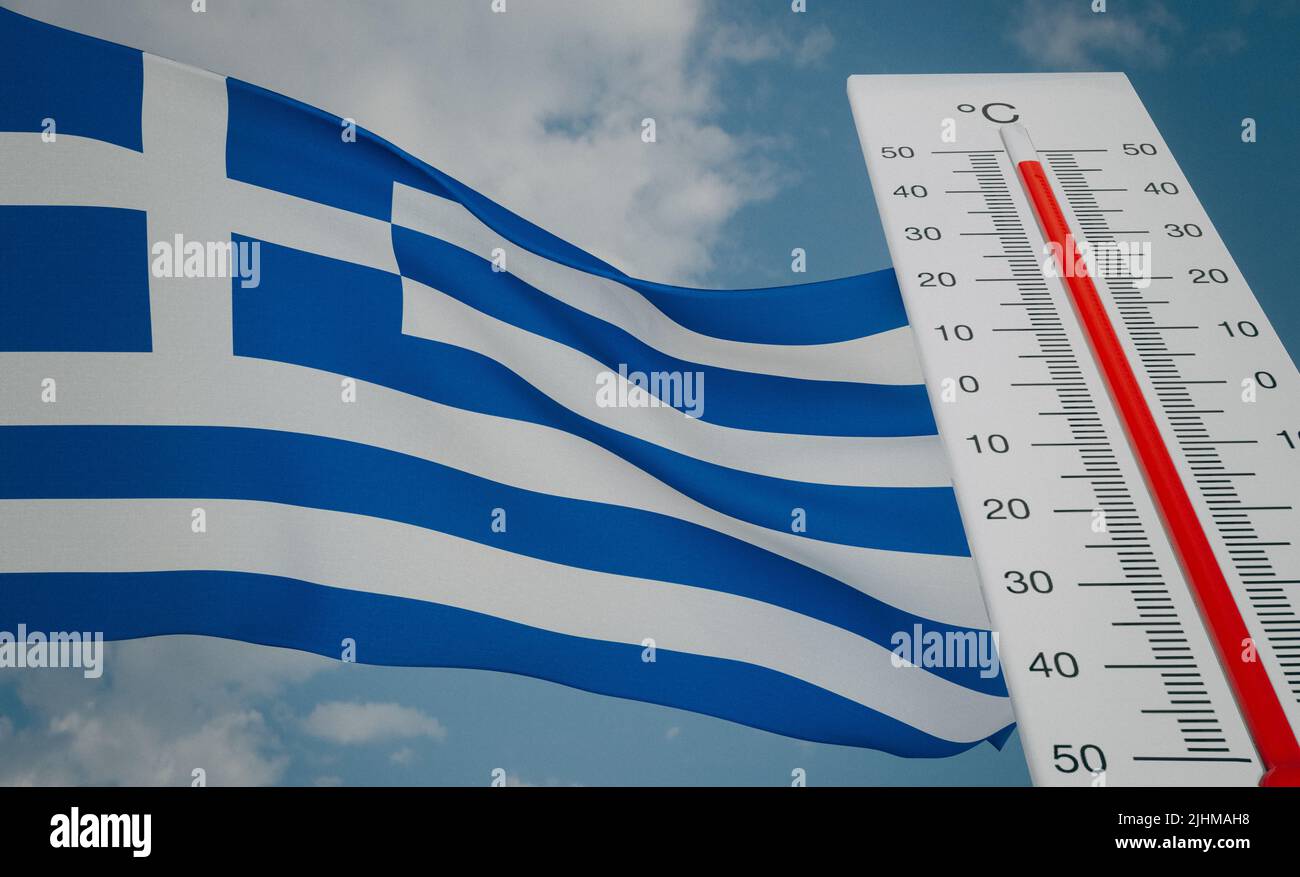 Heat wave in Greece, Thermometer in front of flag Greece and sky ...