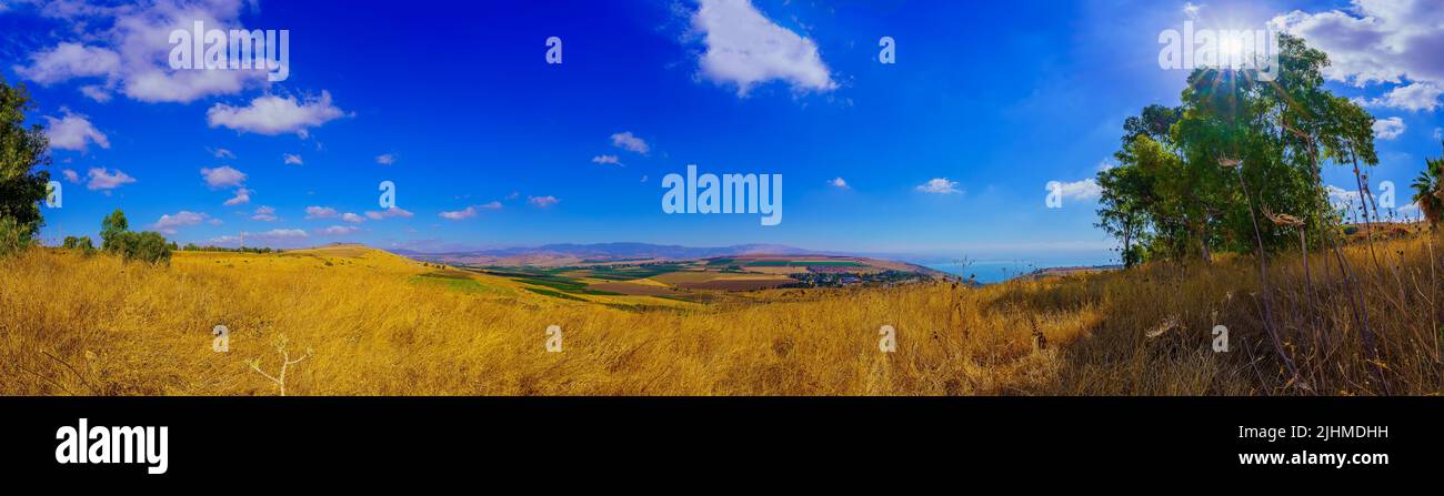 Panoramic view of the Arbel Valley, with countryside and the Sea of ...