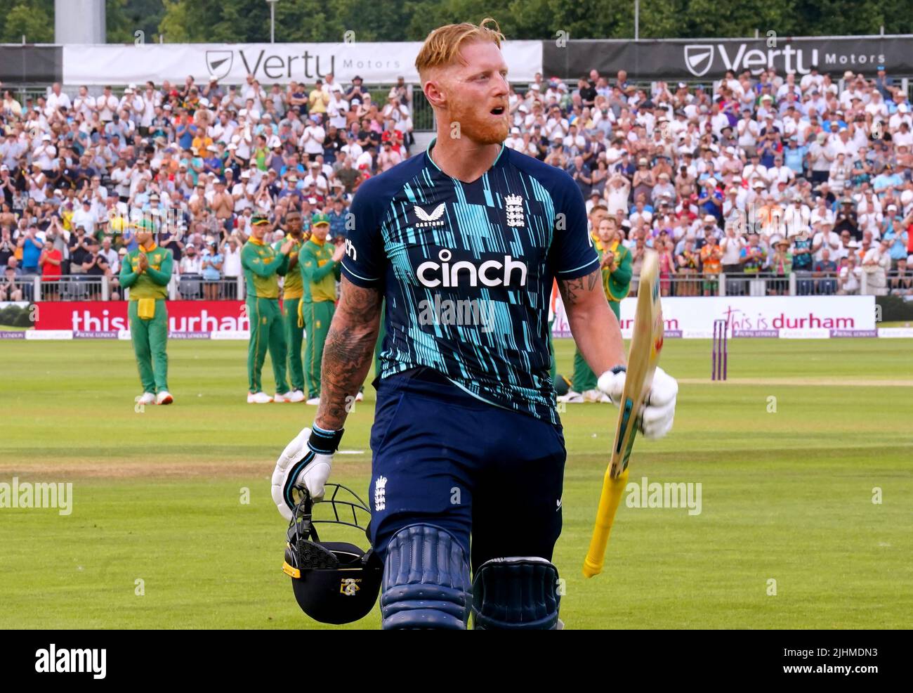 England's Ben Stokes leaves the pitch after being caught LBW during his ...