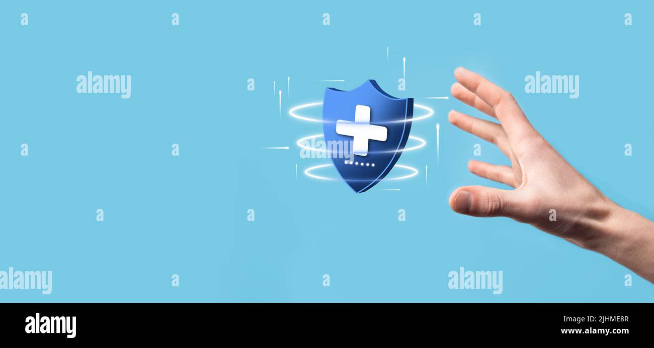 Businessman hold Shield with plus Low polygonal icon, medicine icon ...