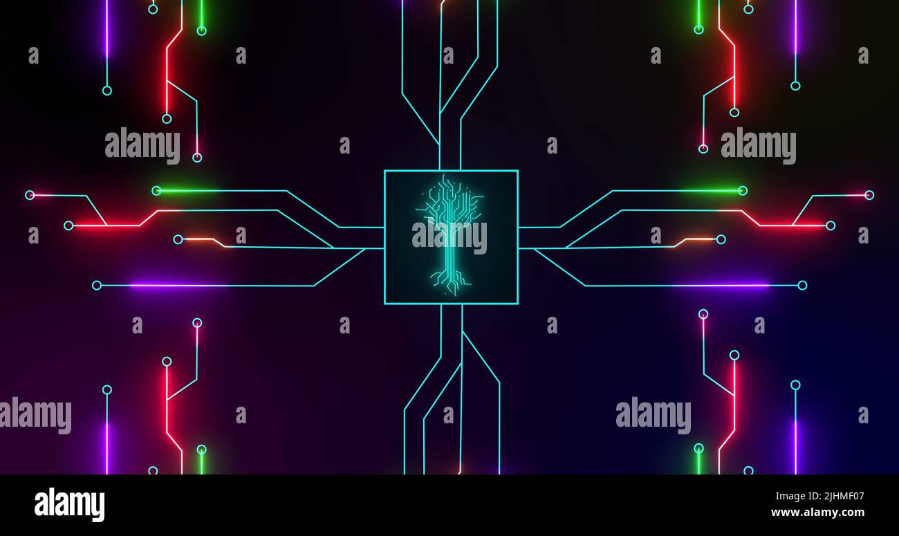 Image of integrated circuit and digital tree on black background Stock ...