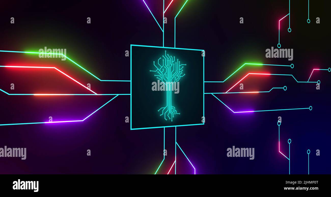 Image of integrated circuit and digital tree on black background Stock ...